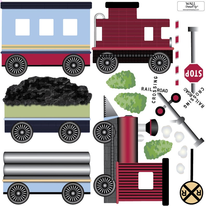 2 Freight Car Train Wall Decal W/ Railroad Track Straight and Curved ...