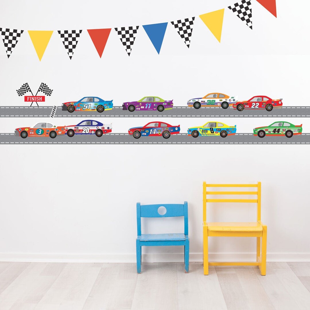 Race Car Wall Decals Plus Straight Race Track Checkered Flags Racing ...
