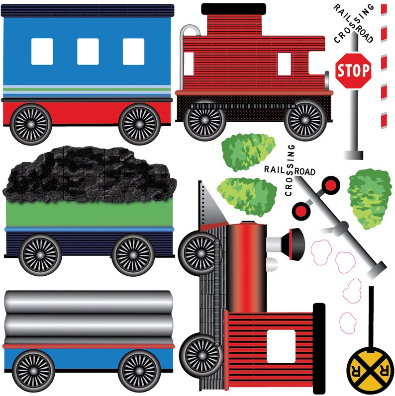 2 Freight Car Train Wall Decal With 2 Straight Railroad Track, Train ...