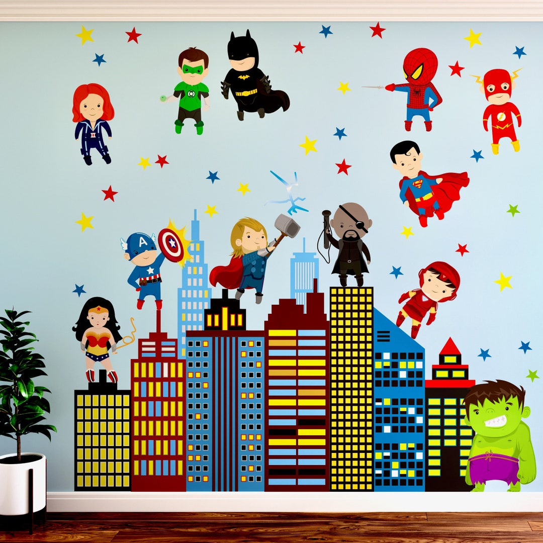 Superheroes and Superhero City Wall Decal Superhero Decals Fabric Eco ...