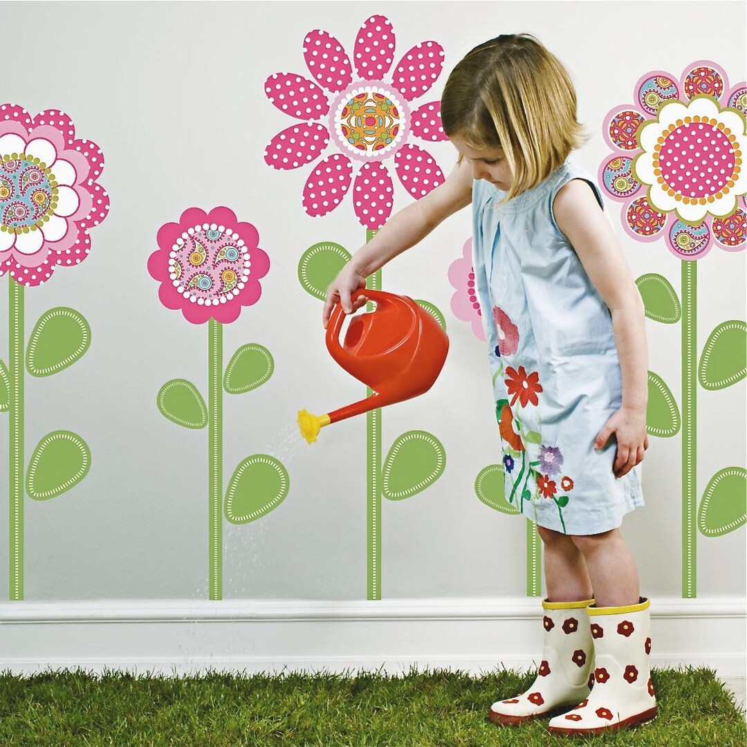 Flower Power Pink Multi Wall Decals With Leaves and Stems (removable ...