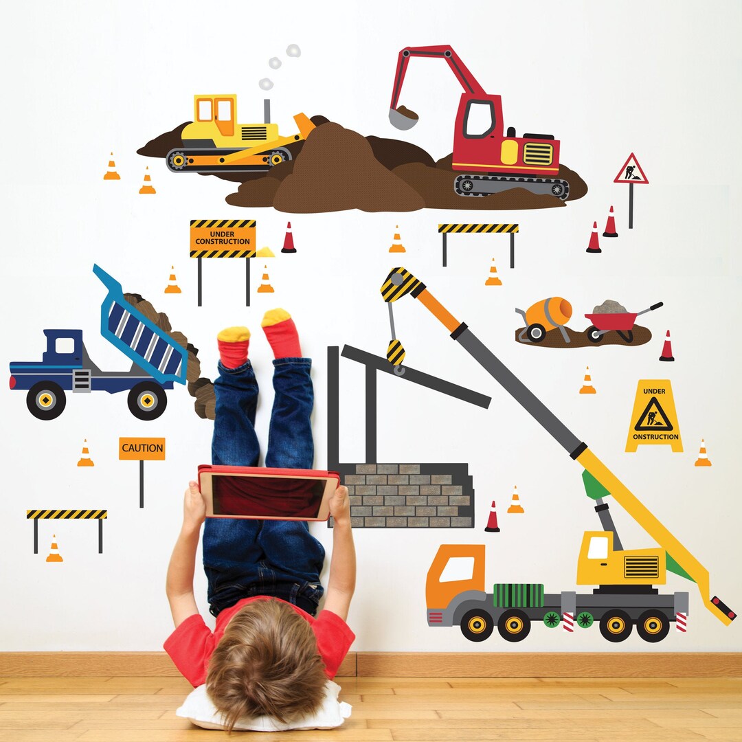 Multicolor Construction Site Trucks & Construction Vehicle Wall Decals ...