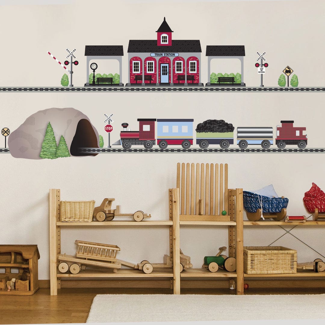 Red Train Wall Decal, Freight Train Wall Decals, Train Station, Tunnel ...