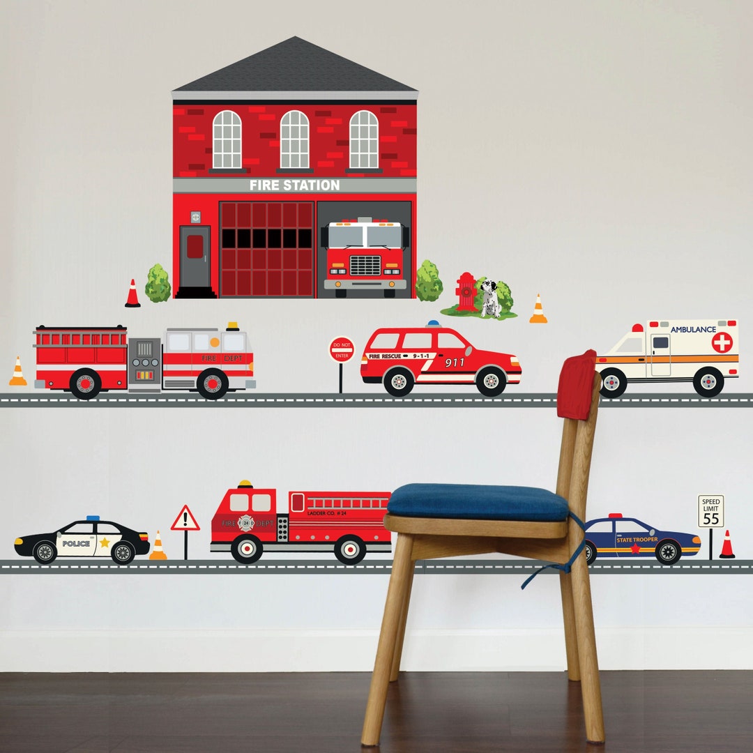 Large Fire Station Wall Decal, Fire Engine Wall Sticker, 6 Emergency ...