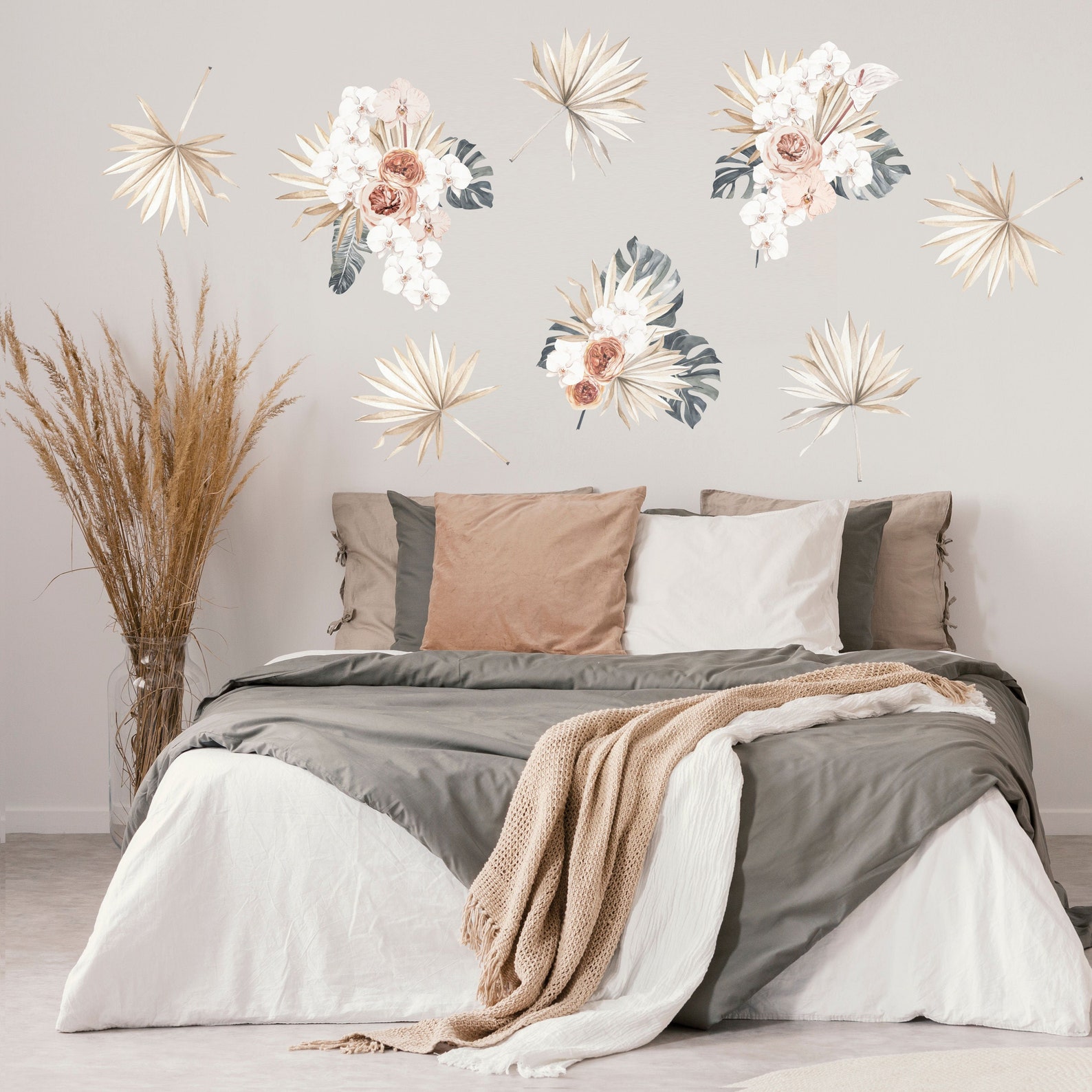 Boho Tropical Flower Wall Decals, Botanical Wall Decals, Tropical Leaf ...