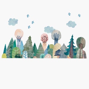 Watercolor Woodland Forest Wall Decals, Woodland Scene Mural, Tree ...