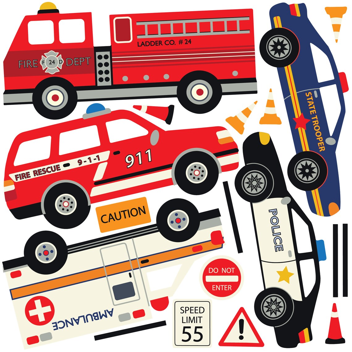 Large Fire Station Wall Decal, Fire Engine Wall Sticker, 6 Emergency ...