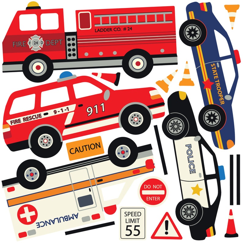 Large Fire Station Wall Decal, Fire Engine Wall Sticker, 6 Emergency ...
