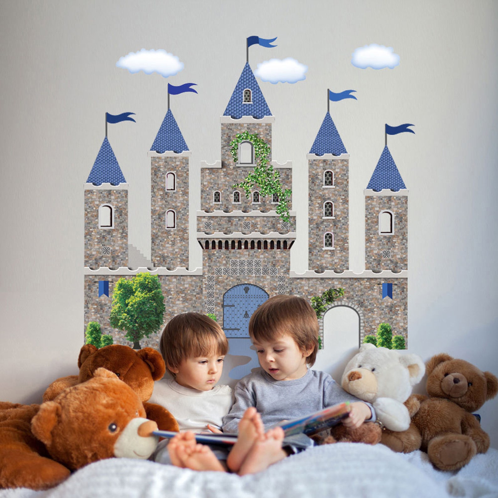 Large Stone Medieval Castle Wall Decal With Blue Flags Wall Decals ...