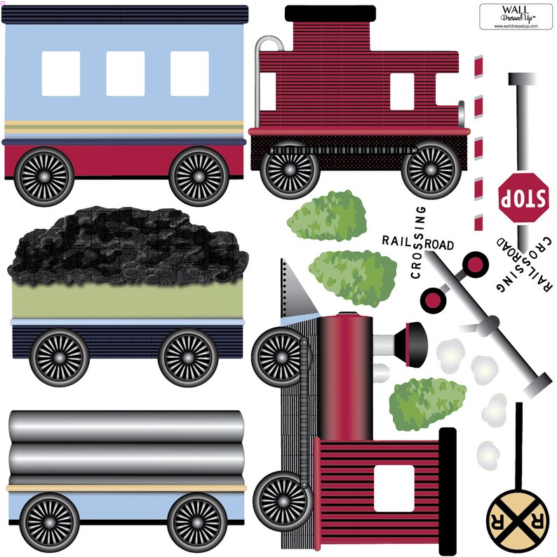 2 Freight Car Train Wall Decal With 2 Straight Railroad Track, Train ...