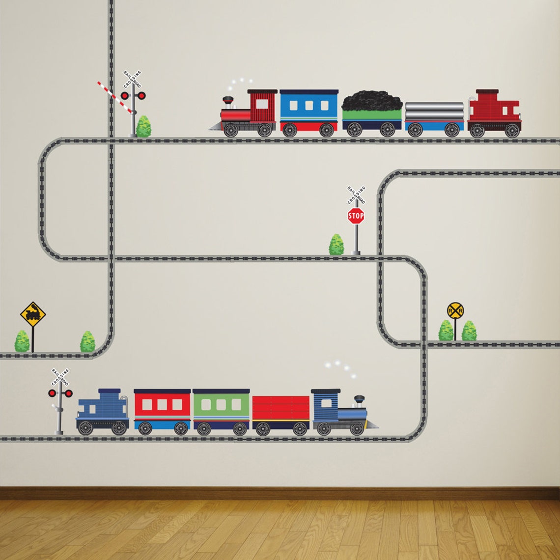 2 Freight Car Train Wall Decal W/ Railroad Track Straight and Curved ...