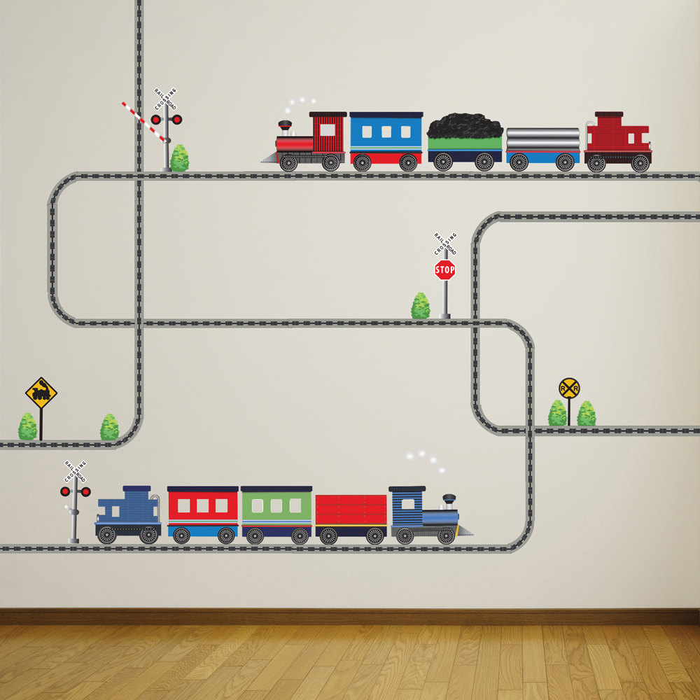2 Freight Car Train Wall Decal W/ Railroad Track Straight and Curved ...