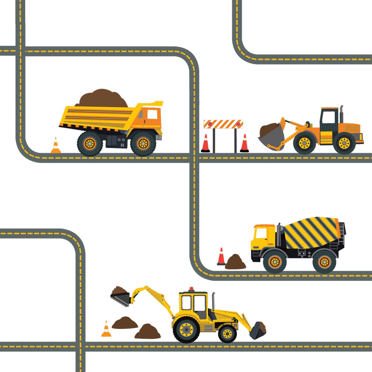 Wall Decals, Construction Vehicles With Straight and Curved Gray Road ...