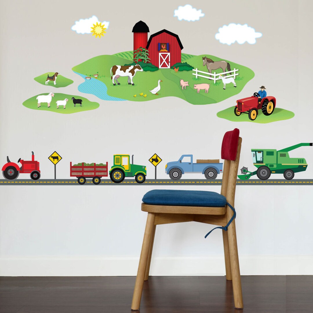 Farm Scene Plus Four Farm Vehicle Wall Decals & Straight Road, Peel and ...