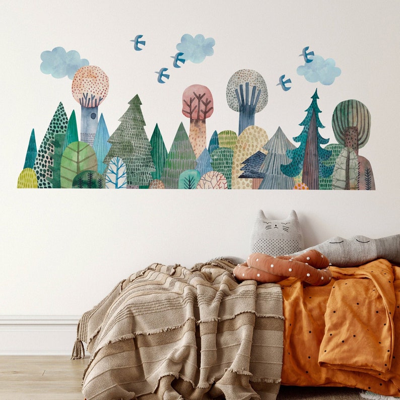 Watercolor Woodland Forest Wall Decals, Woodland Scene Mural, Tree ...
