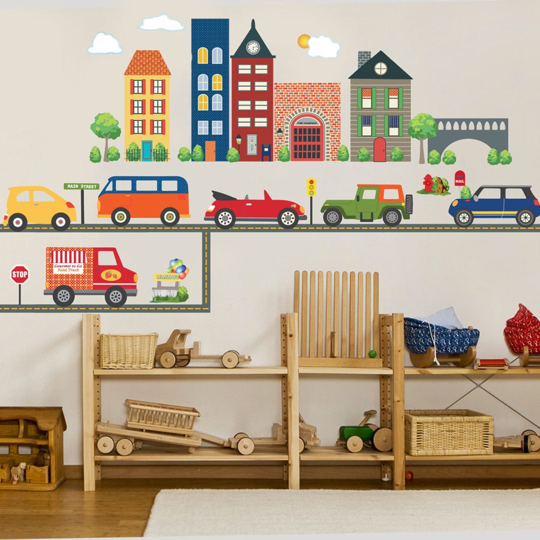 Transportation Town Wall Decals With Adventure Cars & Straight Gray ...