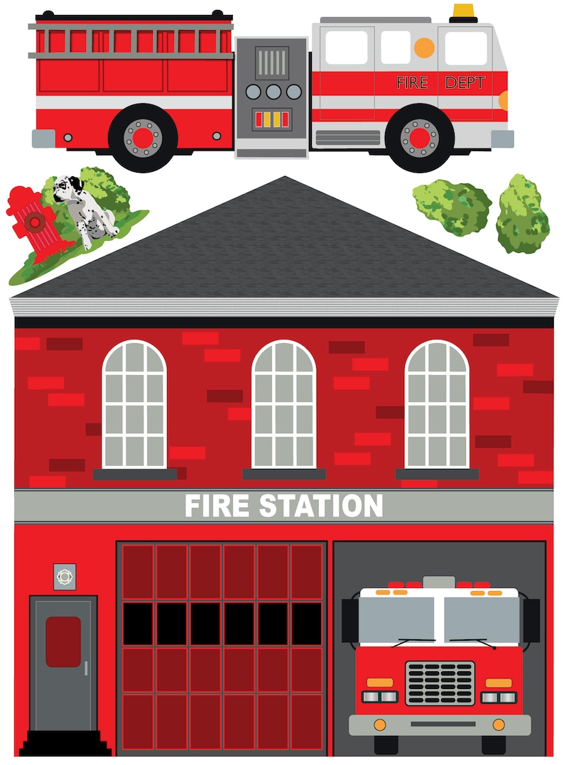 Large Fire Station Wall Decal, Fire Engine Wall Sticker, 6 Emergency ...