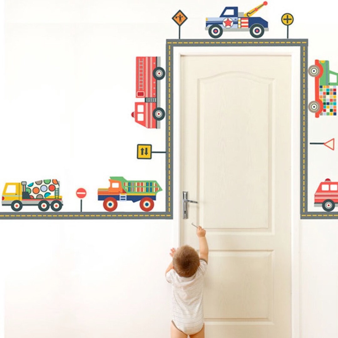 Wall Decals Terrific Trucks & Straight Gray Road Wall Decals, Peel and ...