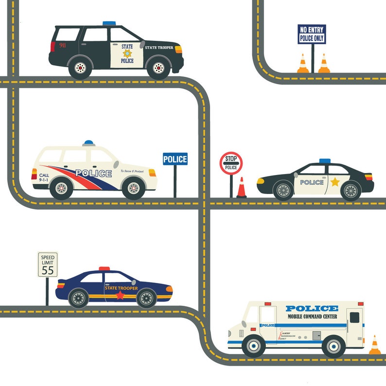 Wall Decals 5 Police Cars Vehicles Wall With Straight & Curved | Etsy