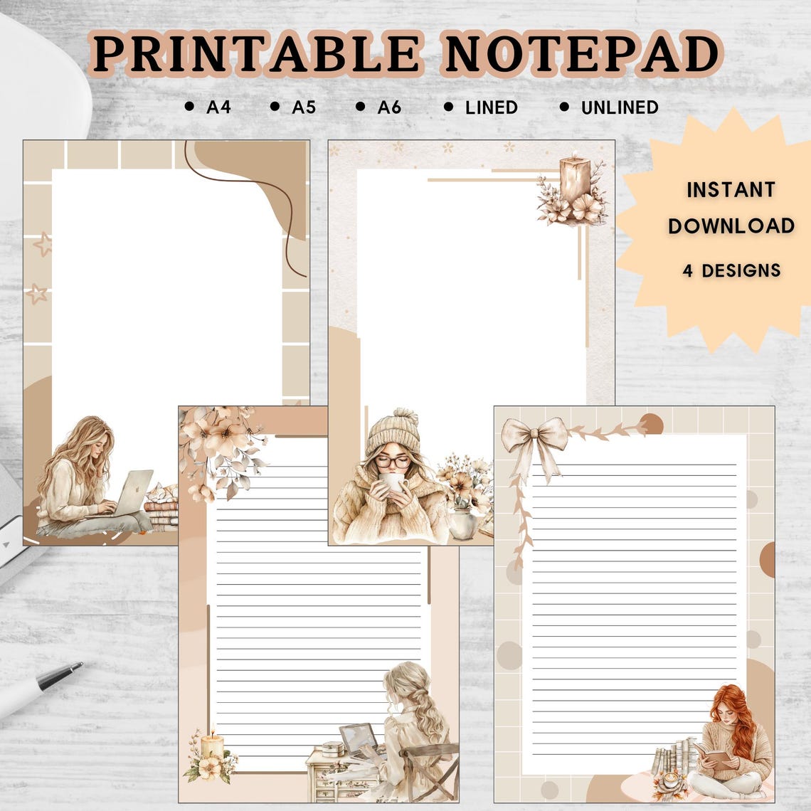 Printable Notepad, Beige Aesthetic Girl Notepad, Printable Stationary ...