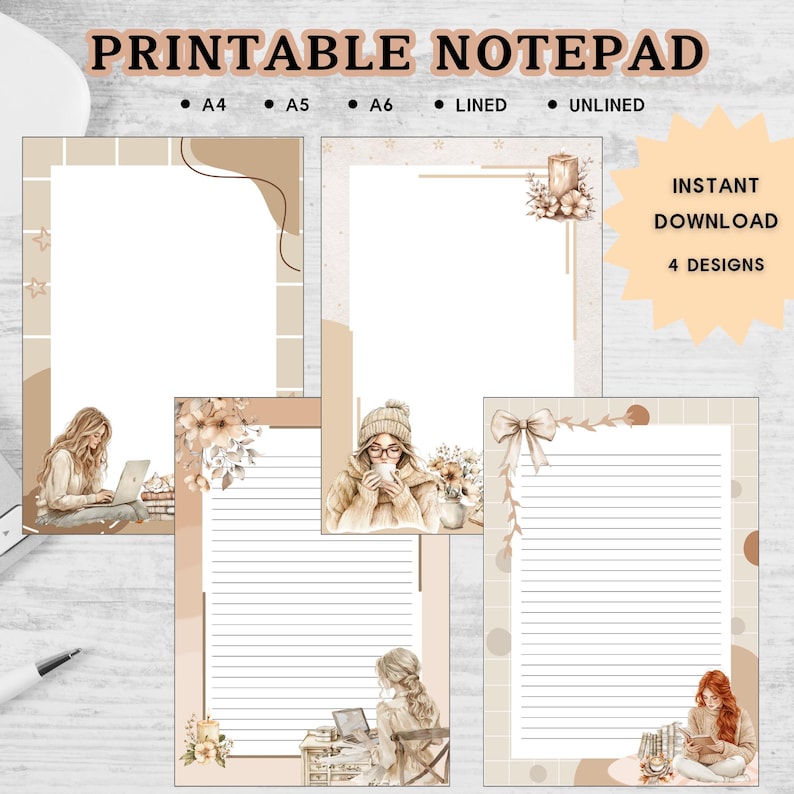 Printable Notepad, Beige Aesthetic Girl Notepad, Printable Stationary ...