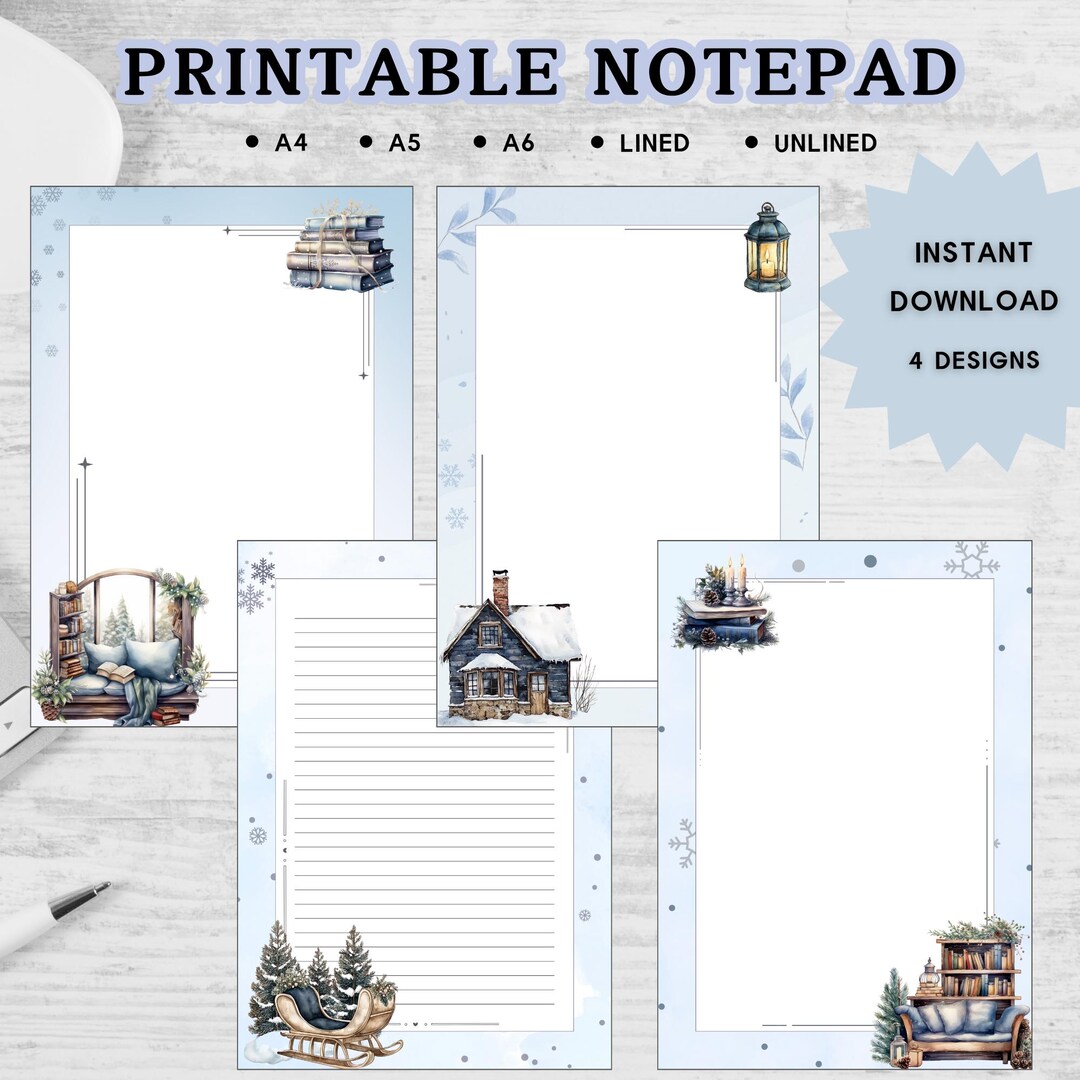 Printable Notepad, Cozy Blue Winter Notepad, Printable Stationery, A4 ...