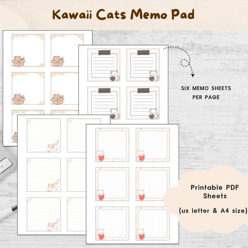 Printable Kawaii Cats Memo Pad, Printable Stationary, Printable Memo ...