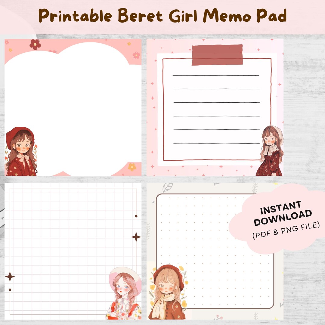 Kawaii Beret Girl Memo Pad, Printable Stationery, Printable Memo Pad ...