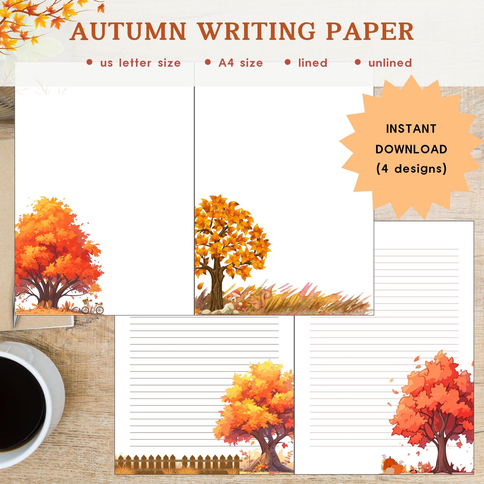 Autumn Tree Writing Paper, Printable Stationery, Autumn Stationery ...
