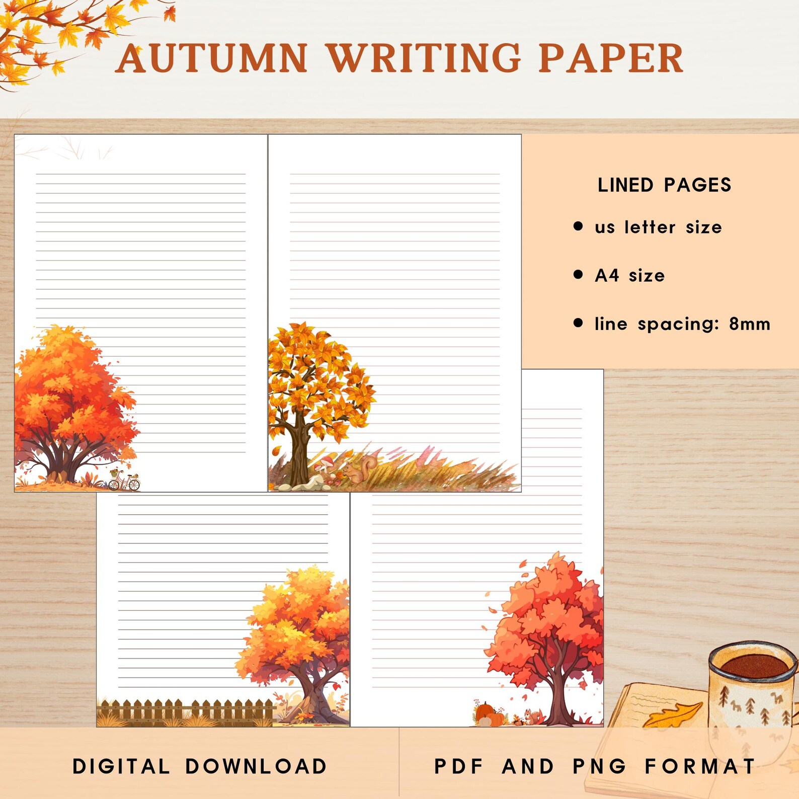 Autumn Tree Writing Paper, Printable Stationery, Autumn Stationery ...