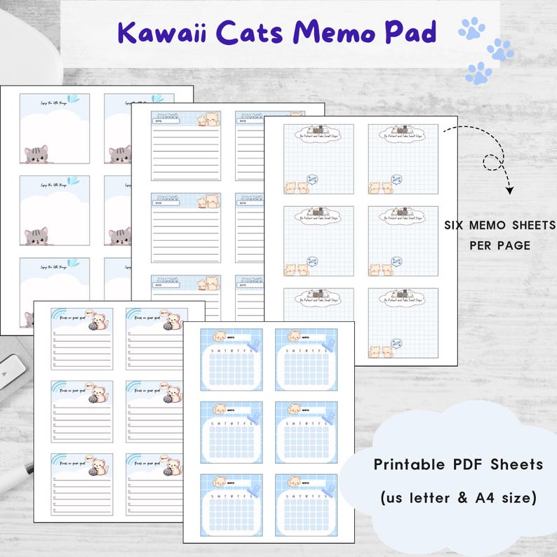 Kawaii Cats Printable Memo Pad, Printable Stationary, Printable Memo ...