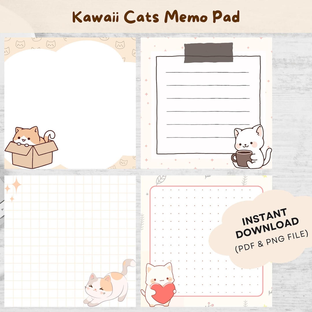 Printable Kawaii Cats Memo Pad, Printable Stationary, Printable Memo ...