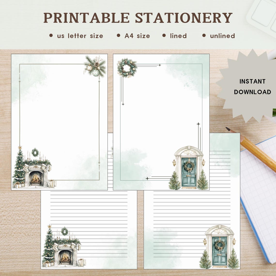 Printable Stationery, Printable Winter Emerald Writing Paper, Letter ...