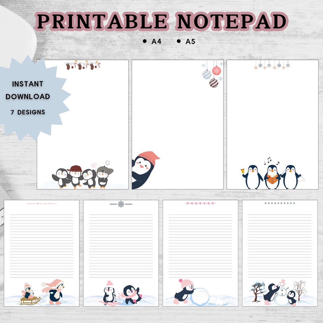 Printable Notepad, Winter Penguin Notepad, Printable Stationery ...