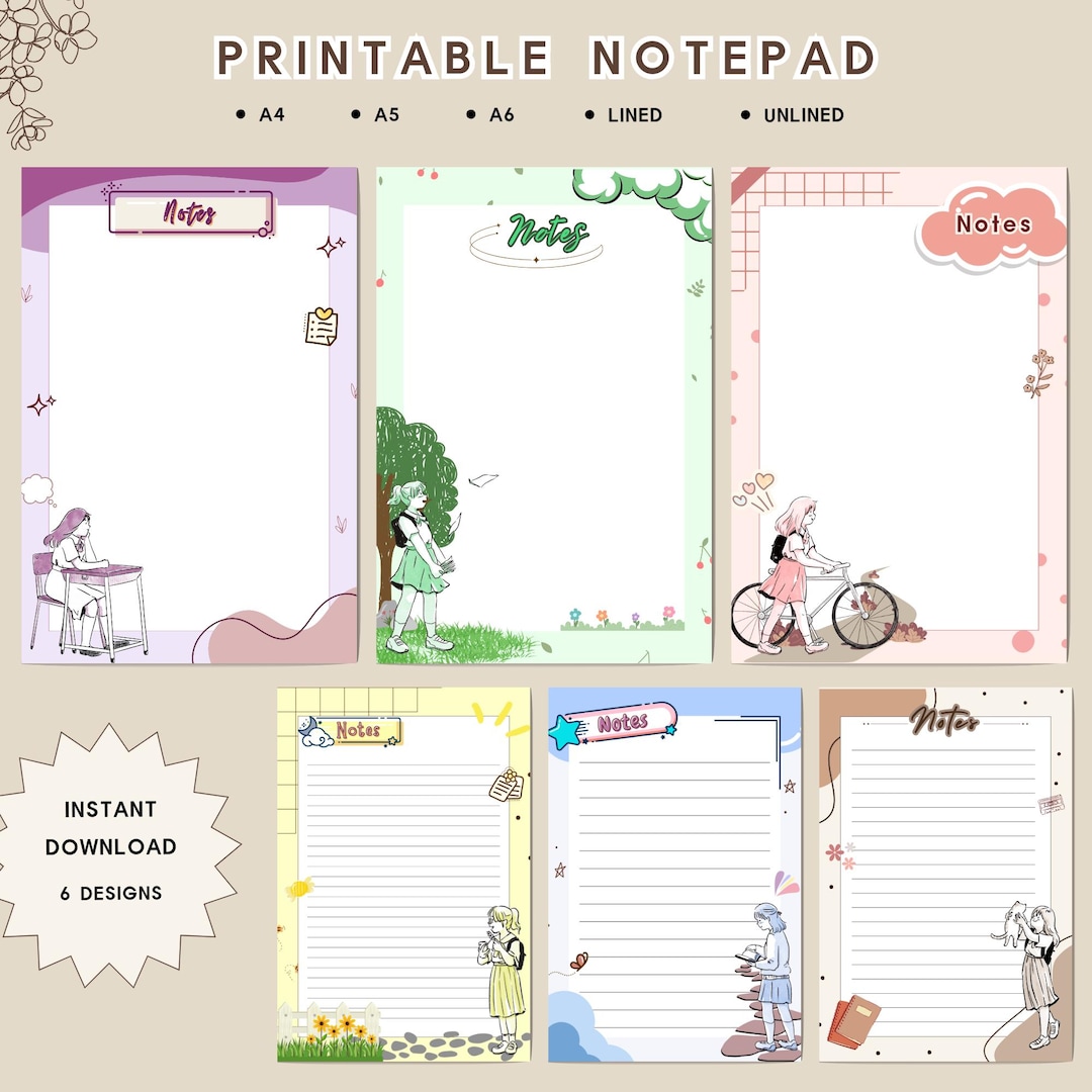 Cute School Girl Notepad, Printable Stationery, Printable Notepad ...