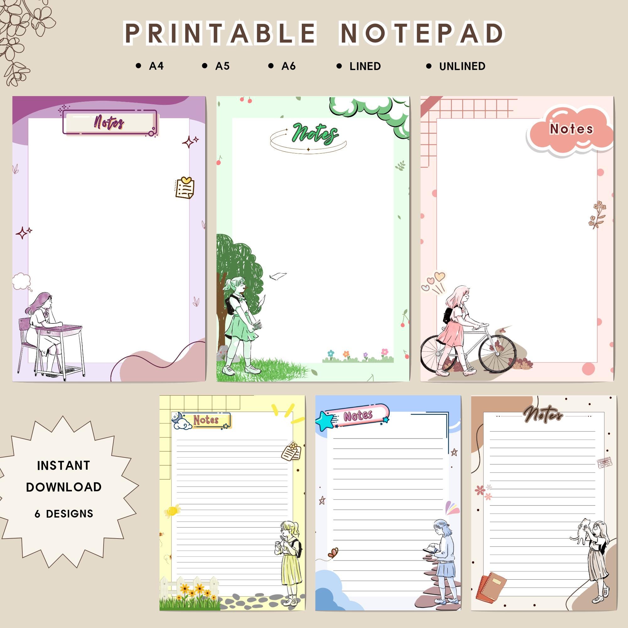 Cute School Girl Notepad, Printable Stationery, Printable Notepad ...