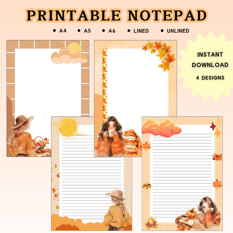 Printable Notepad, Orange Aesthetic Girl Notepad, Printable Stationary ...