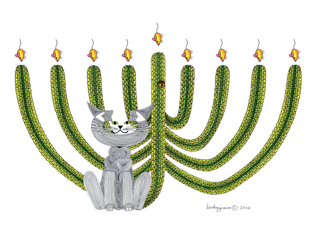 Hanukkah Cat Card- Cat Card- Greeting Card- Whimsical Cat Art Cards ...