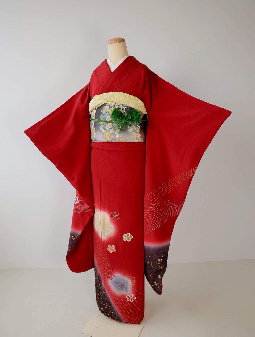 Vintage Red Furisode Kimono Kimono Set or Obi Set Long Length Formal ...