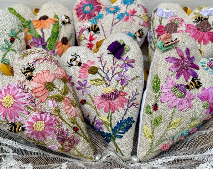 Antique Grain Sack Lavender Sachet~ Heart Sachet~ Spring Flowers Heart ...