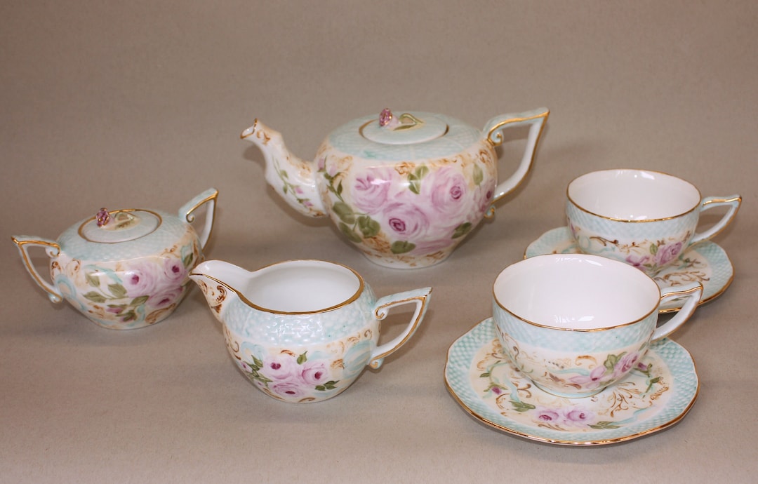Pink Rose and Turquoise Tea Set - Etsy