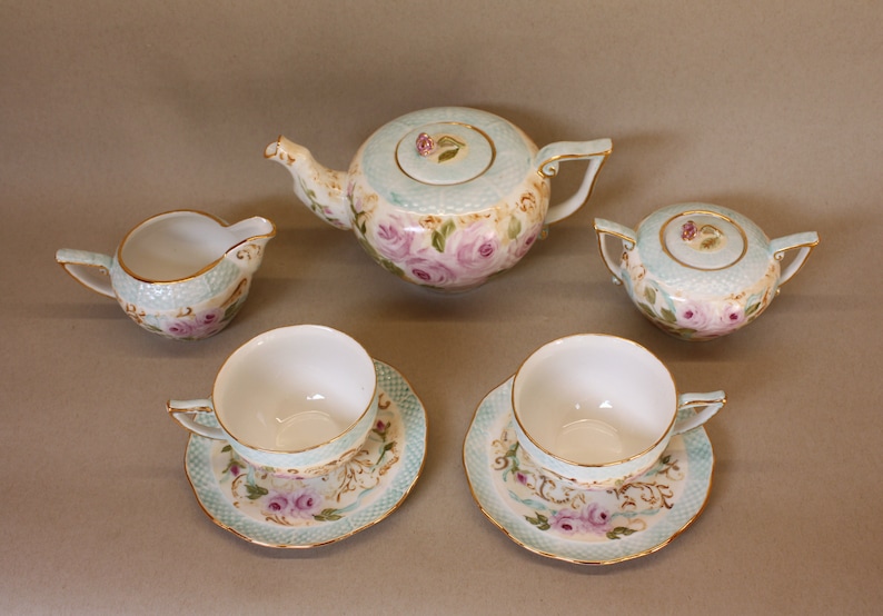 Pink Rose and Turquoise Tea Set | Etsy