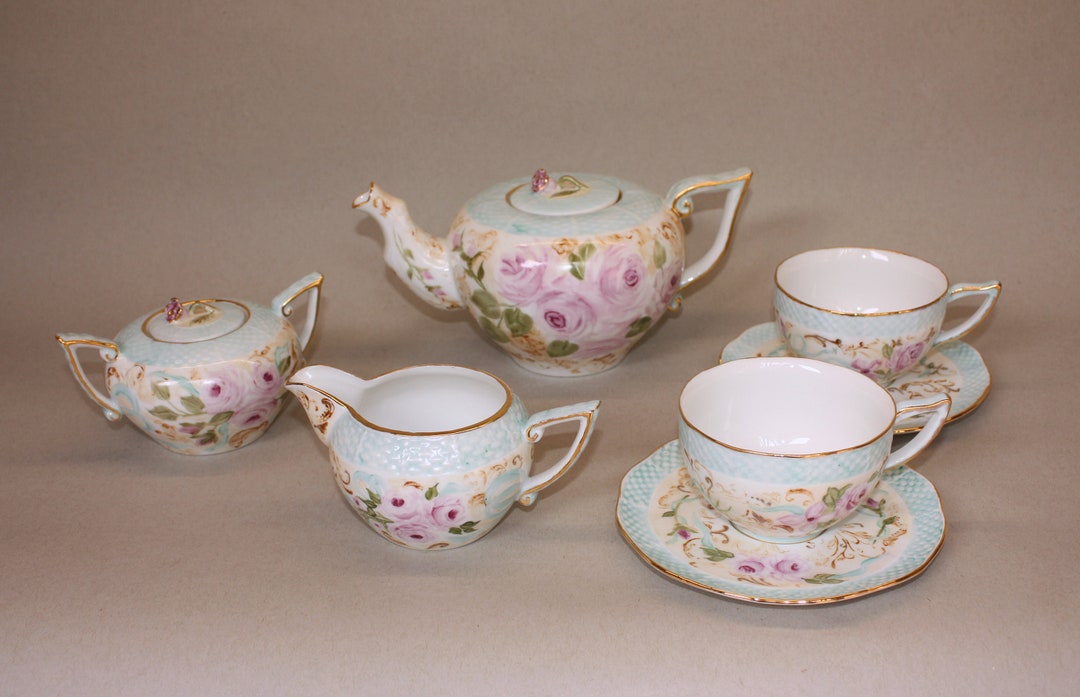 Pink Rose and Turquoise Tea Set - Etsy