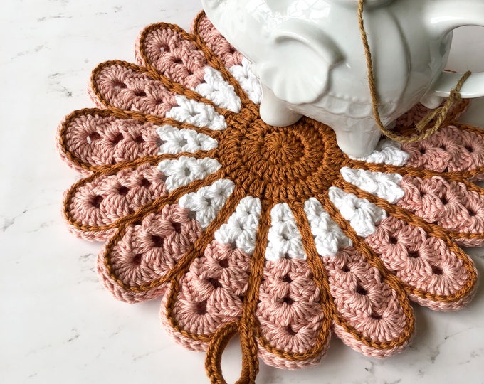 Sunflower & Pink Floral Granny Square Trivet, 70’s Floral Table Decor ...