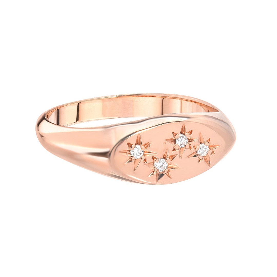 Signet Style Ring, Oval Signet Ring, 14K Solid Gold Ring, Diamond Star ...
