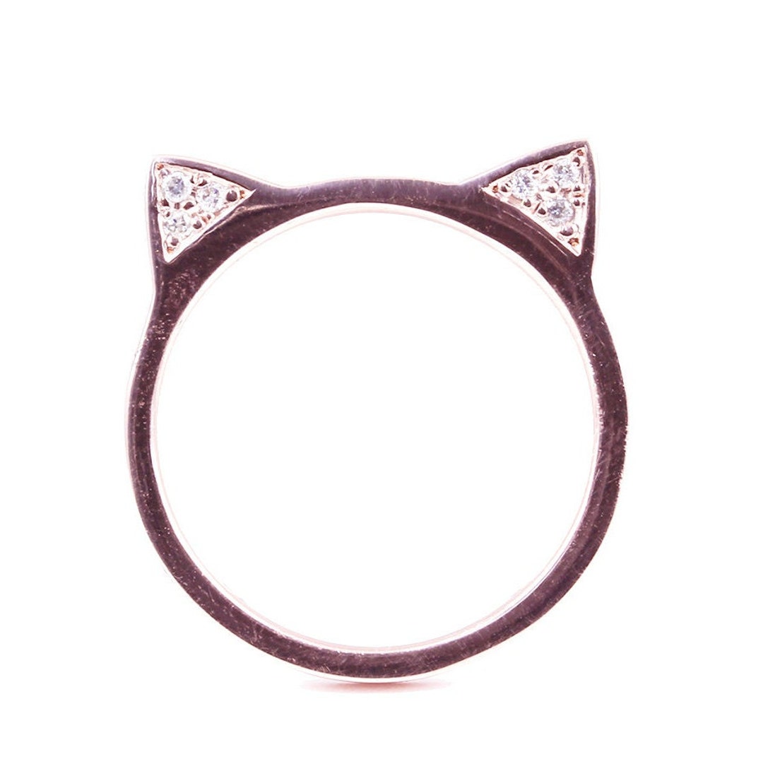 14K Solid Gold and Diamond Cat Ear Ring, Kitty Ring With Diamonds ...