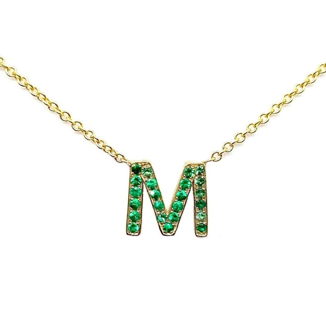 Colored Stones Initial Necklace / Emerald Necklace / 14k Gold Initial ...