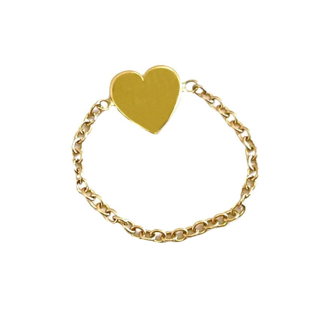 14K Gold Heart Chain Ring, Engraved Heart Ring, Optional Engraving ...