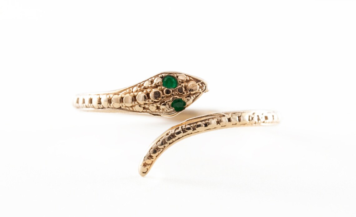 14K Solid Gold Snake Ring Pinky Ring Green Emerald White - Etsy