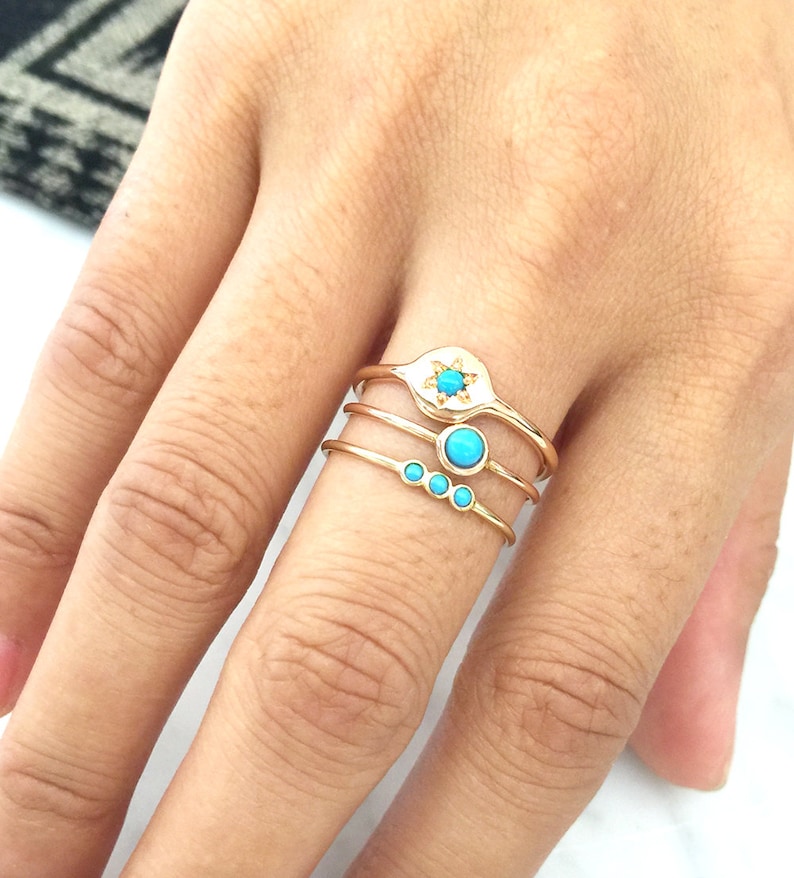 14K Gold Turquoise Ring Multi Stone Ring 3 Stone Ring | Etsy